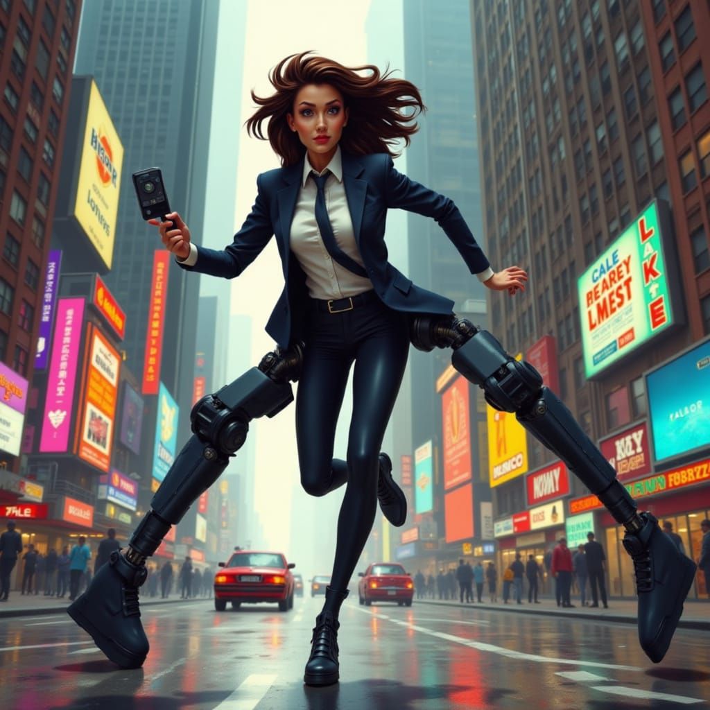Reporter in Futuristic Cityscape with Robotic Legs - AI Art