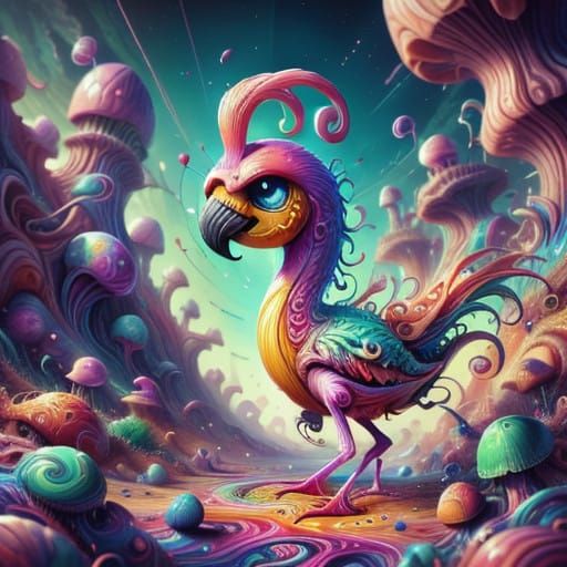 Surreal Flamingo Strolls Through Alien Desert in W... - AI Art