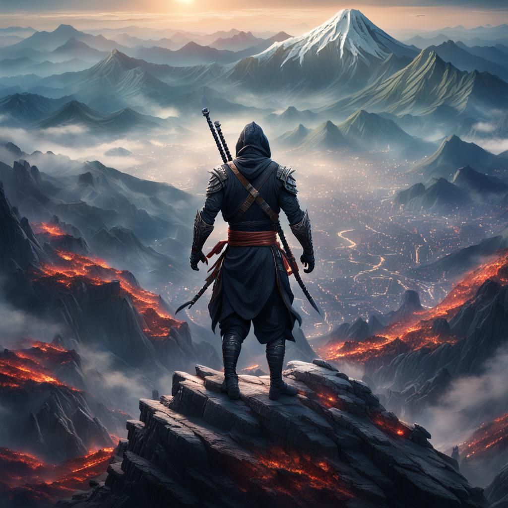 A muscular ninja standing on top of a mountain summit in Japan. - AI ...