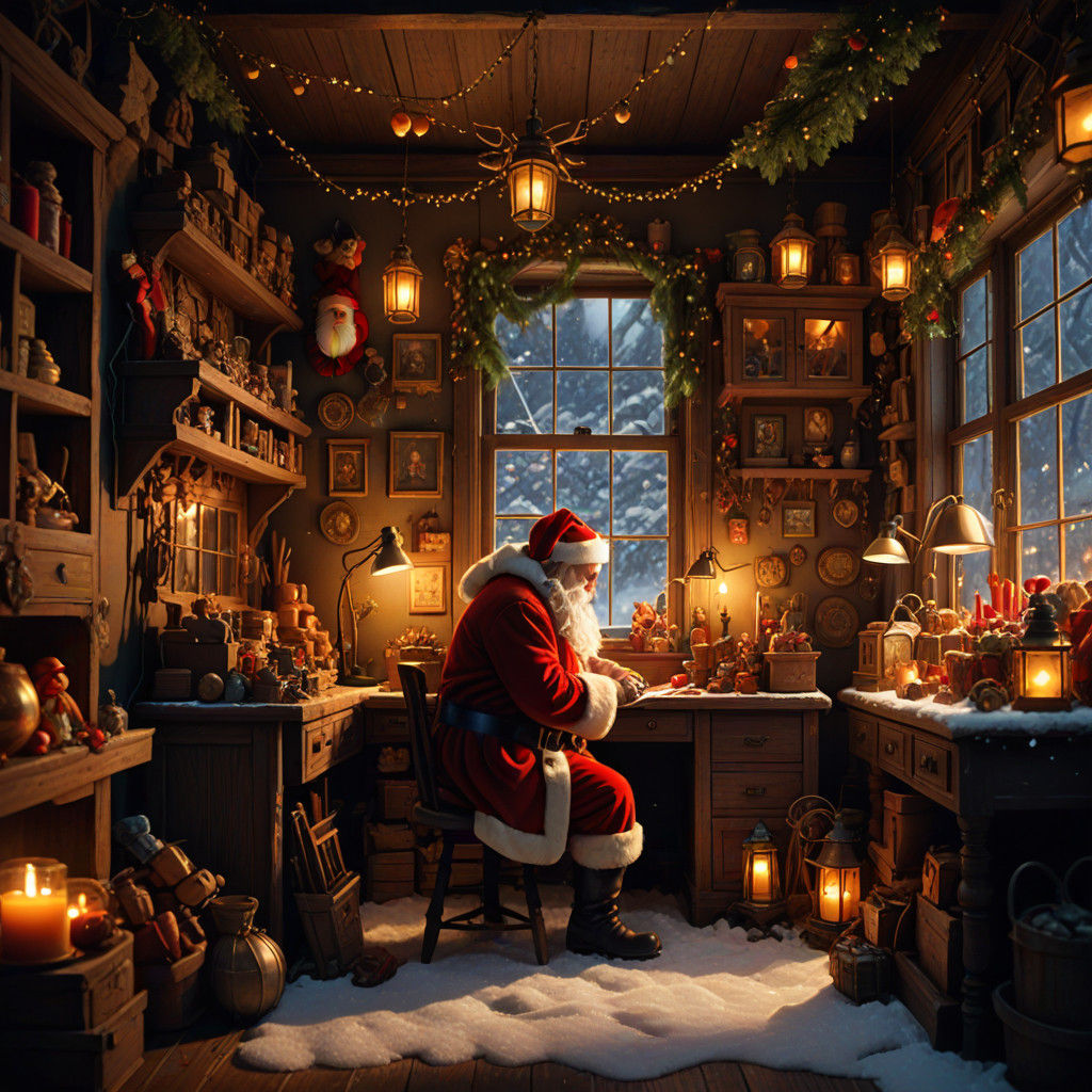 Epic Santa Workspace in Dramatic, Warm Lighting - AI Art