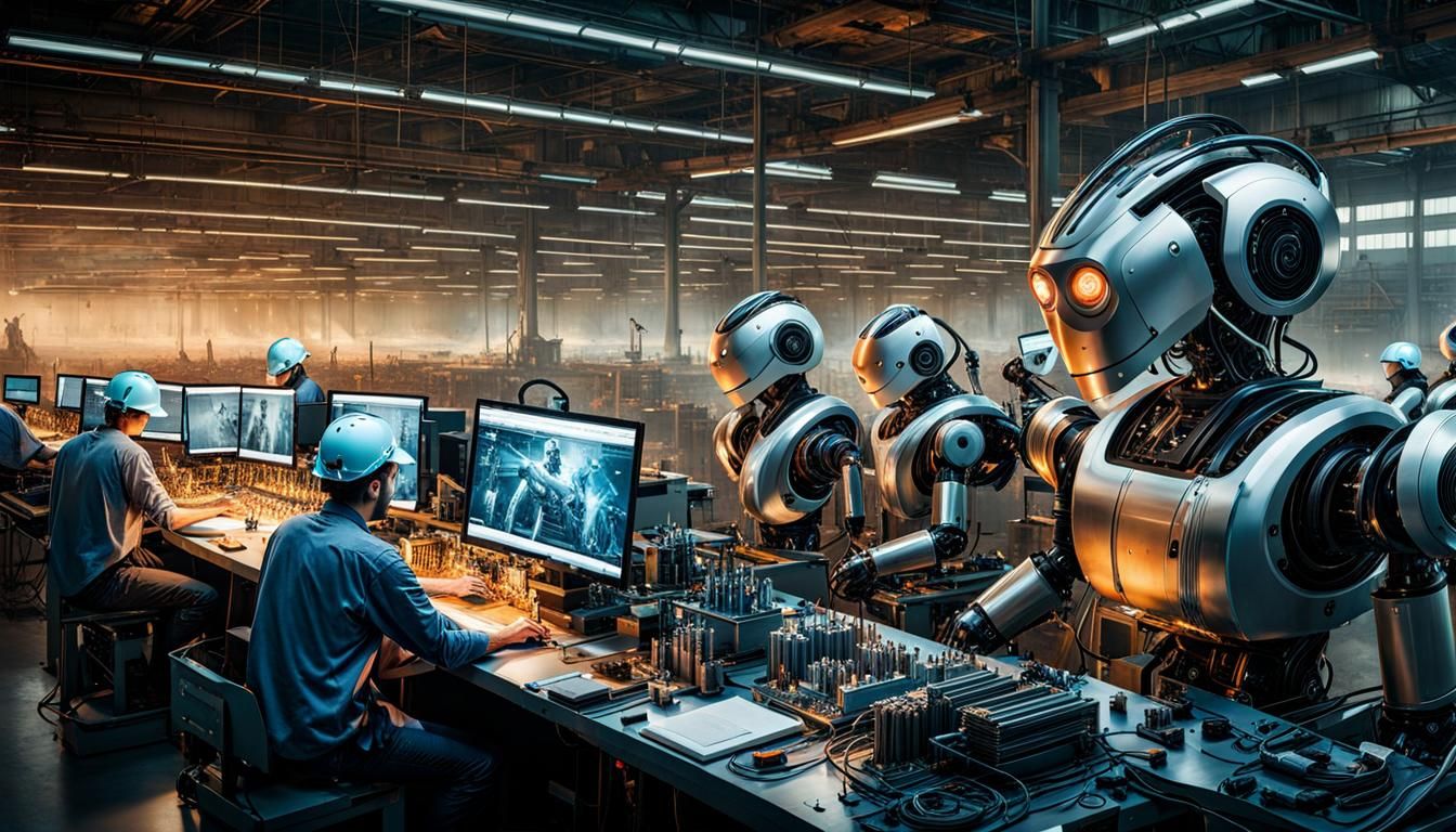 humans working alongside robot factory workers - AI Generated Artwork ...