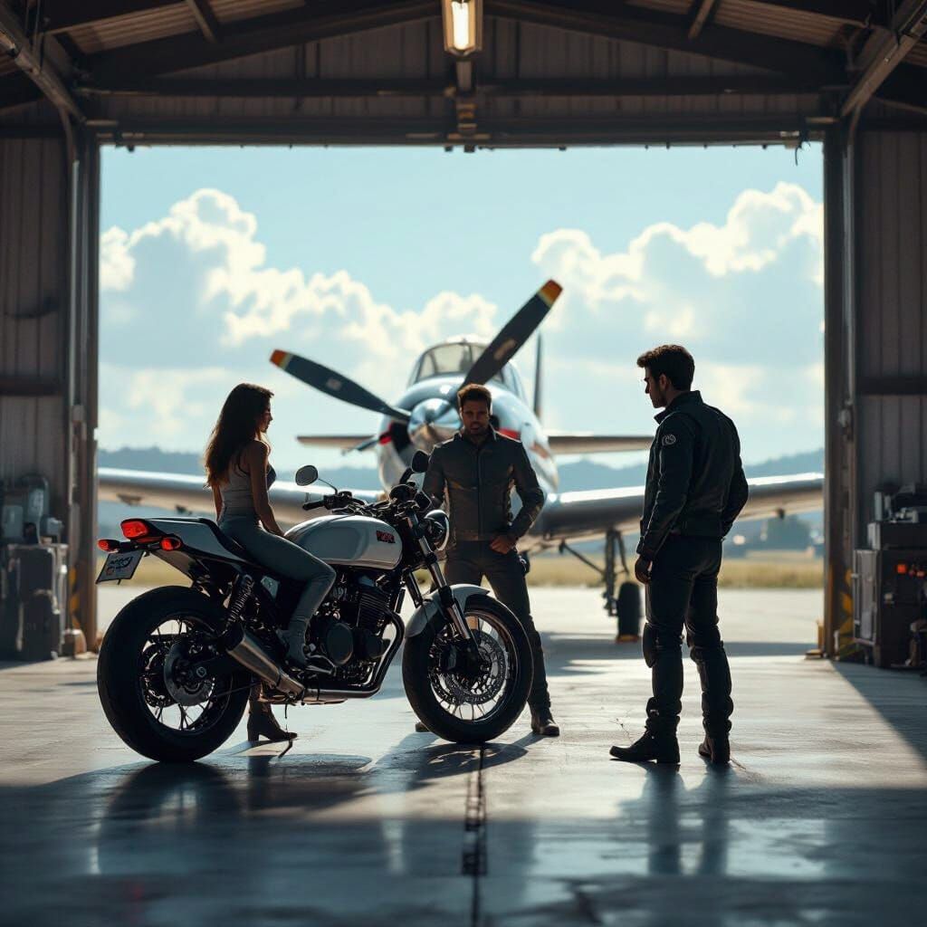 Mospeada Hangar Scene with Motorcycle and Plane - AI Art