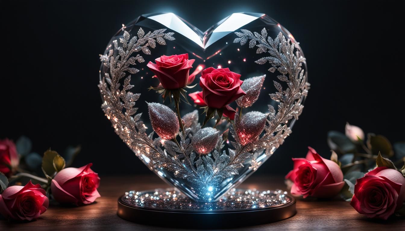 an epic crystal heart with roses inside, chiaroscuro, glitter, sparks ...