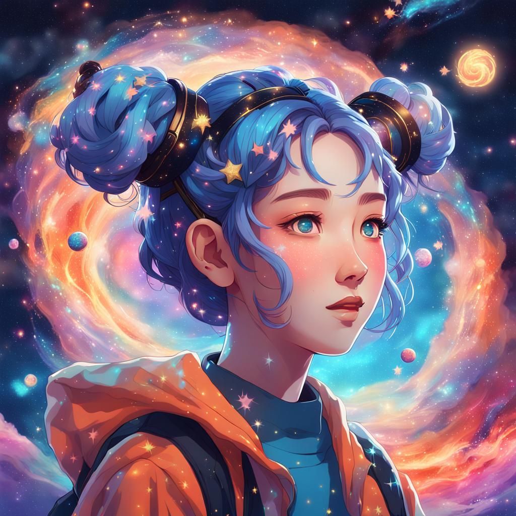 A mesmerizing anime girl with celestial space buns, - AI Generated ...