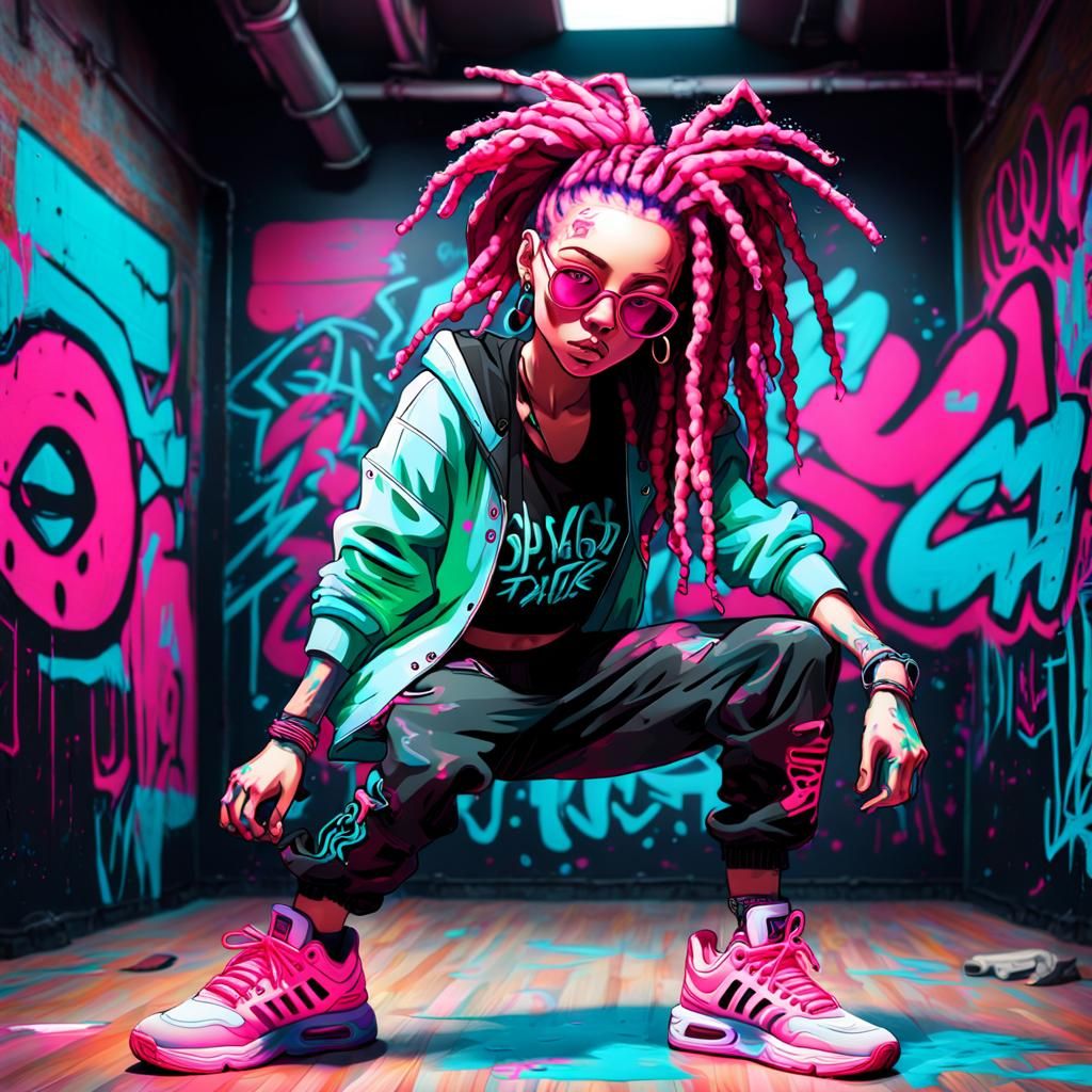 A cute girl with neon pink dreads is dressed in a hipster style outfit ...