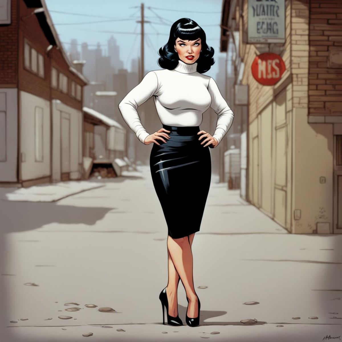 Full body shot of Bettie page dressed in a white turtle neck, tight ...