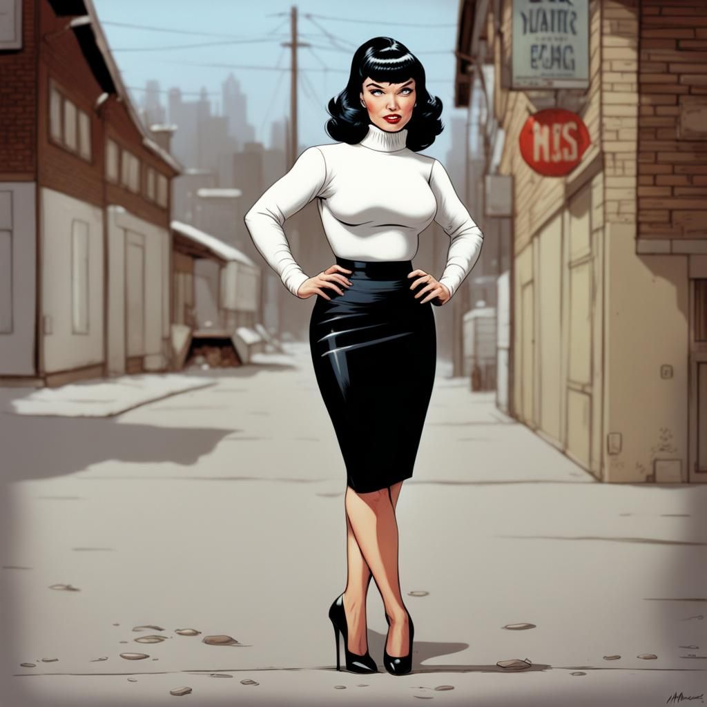 Full body shot of Bettie page dressed in a white turtle neck, tight ...