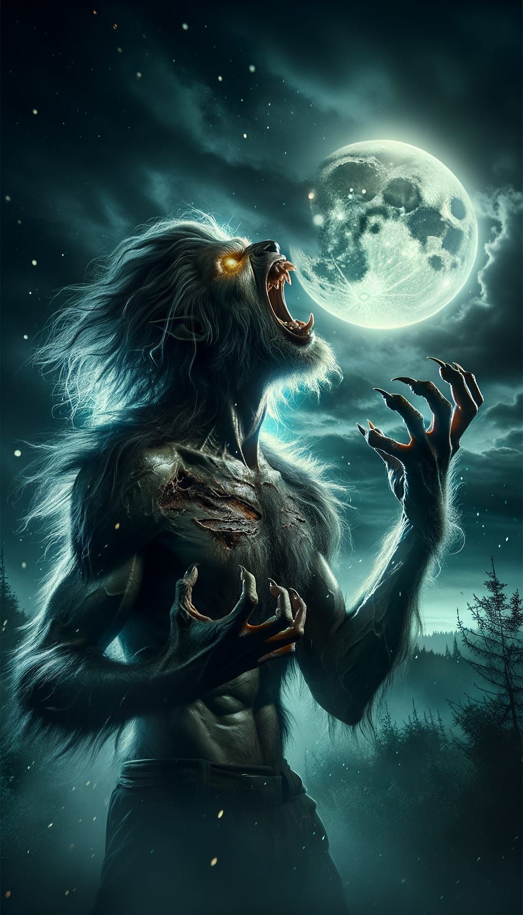 ultra realistic scene of a man turning into a Werewolf, howling ...
