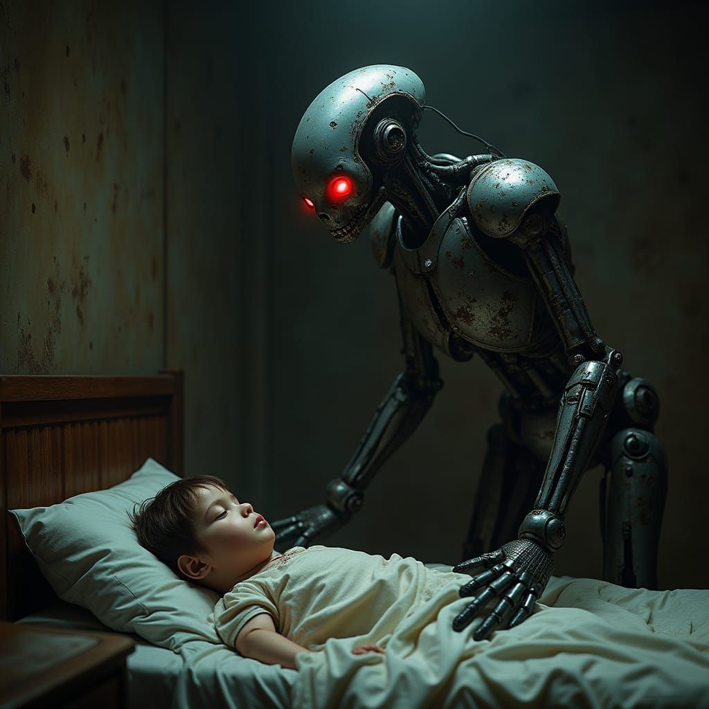 Cyborg Assassin Watches Child Sleep in Dark Bedroo... - AI Art