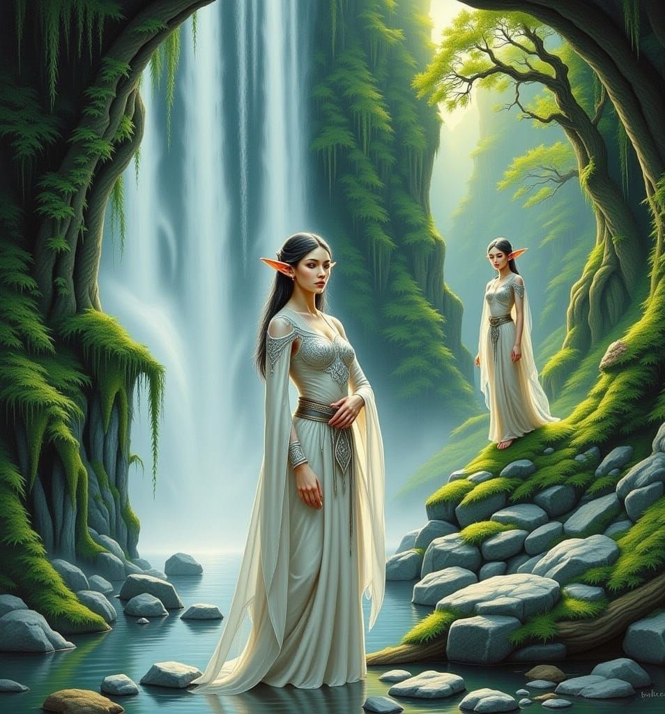 Elves in Mystical Cave Underwater Waterfall Scene - AI Art
