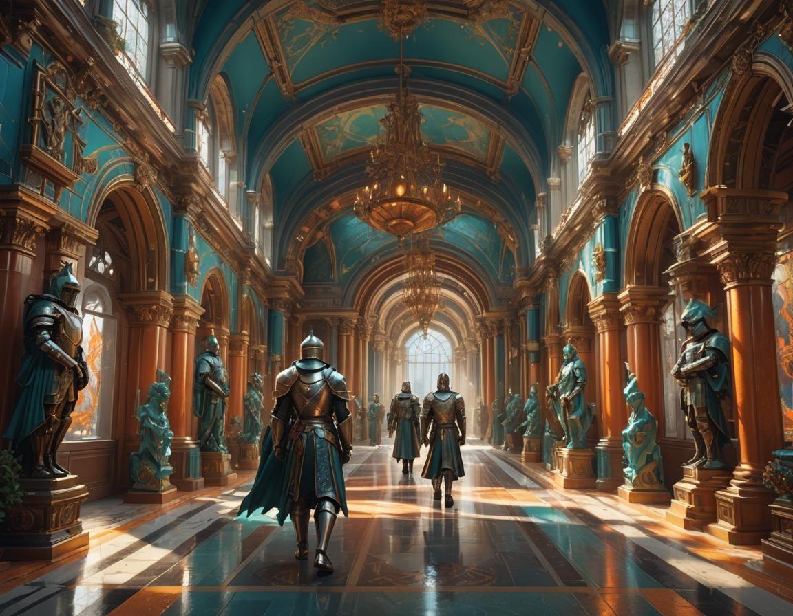big magnificent hallway with knight statues - AI Generated Artwork ...