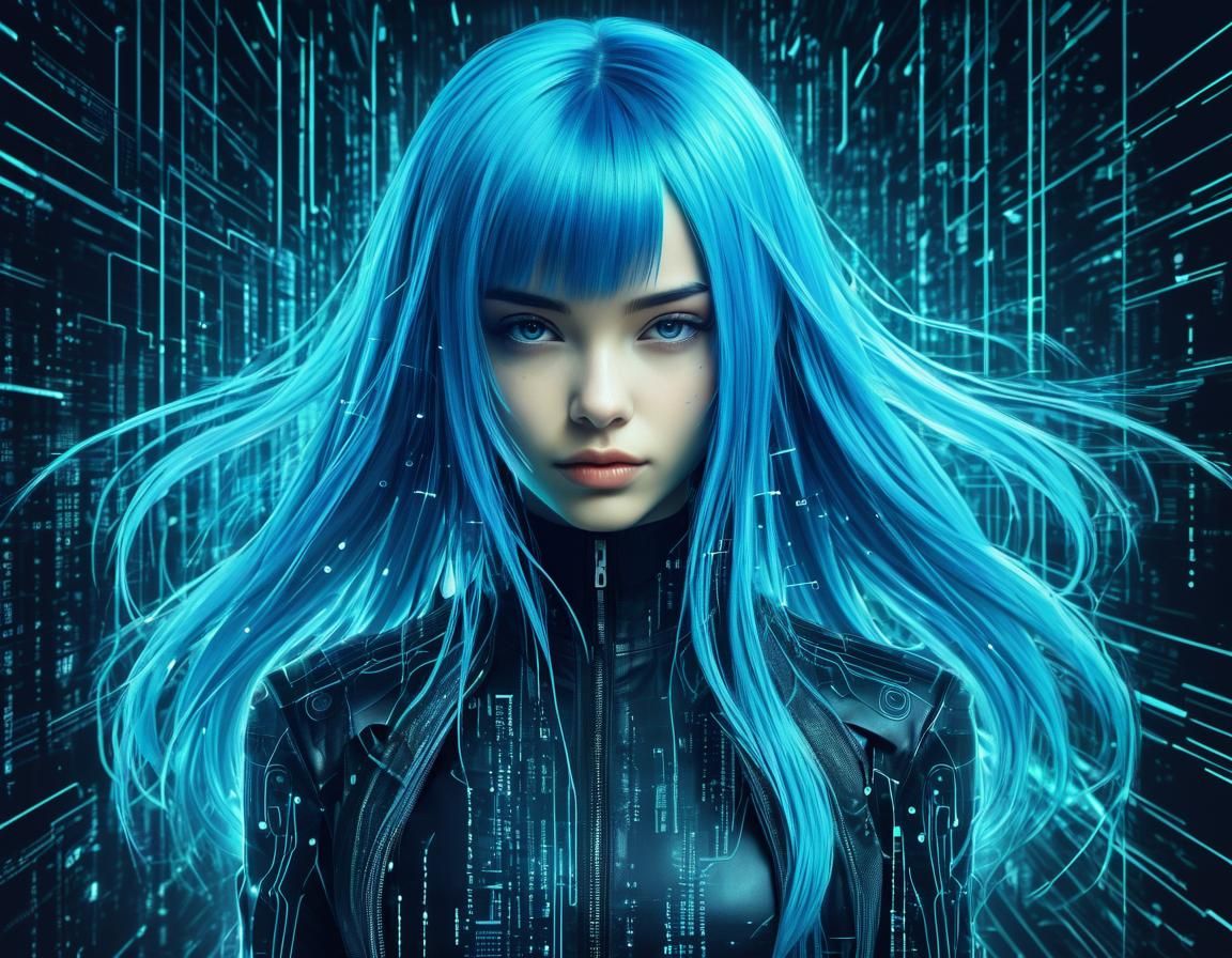 magical flowing blue hair in cyber matrix art style - AI Generated ...