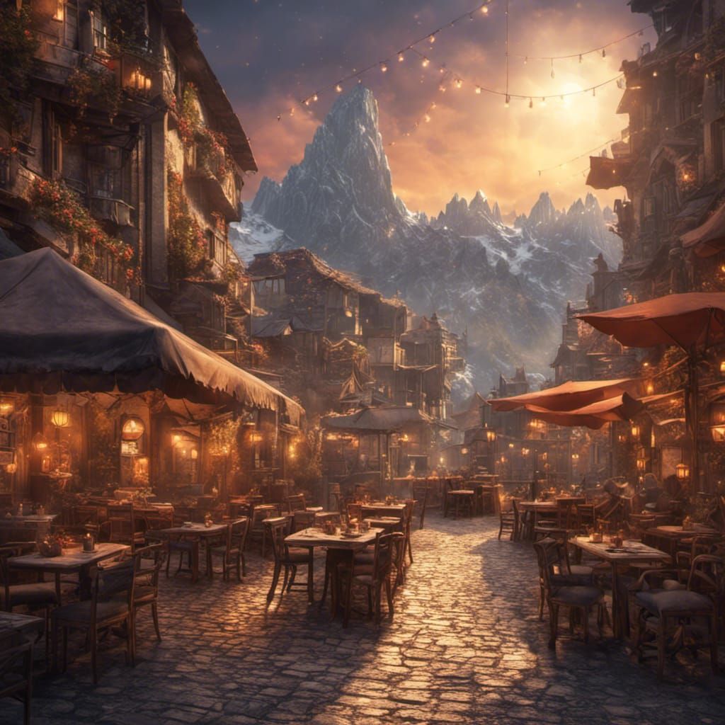 magestic magical rustic city with a little outdoor cafe with the ...