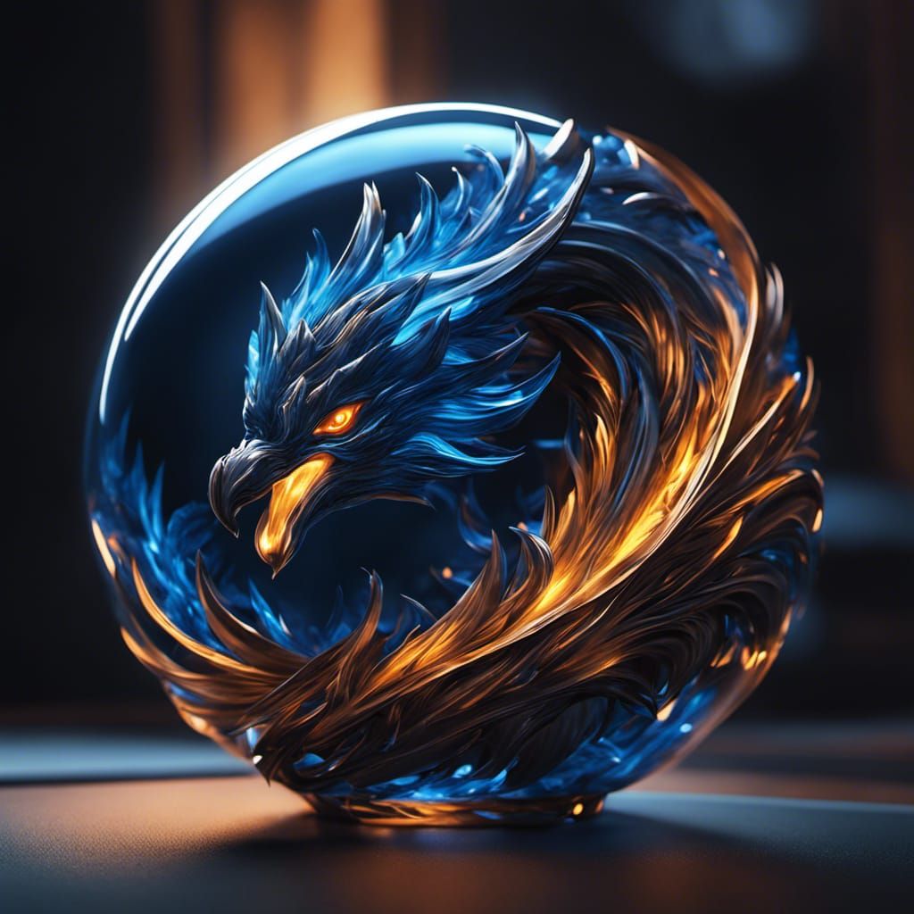 Blue Flame Phoenix in Glass Orb Concept Art - AI Art