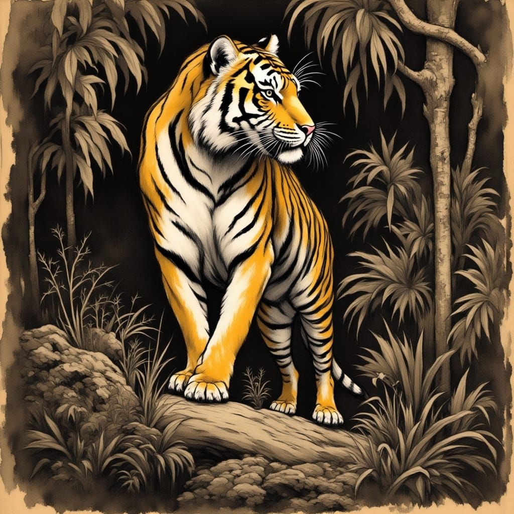 Tiger at Night - Tiger in Moonlit Jungle