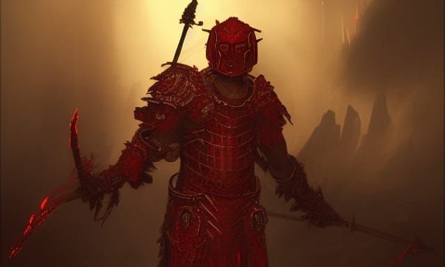 Man clad in blood red armor depictions of suffering people in ebony ...