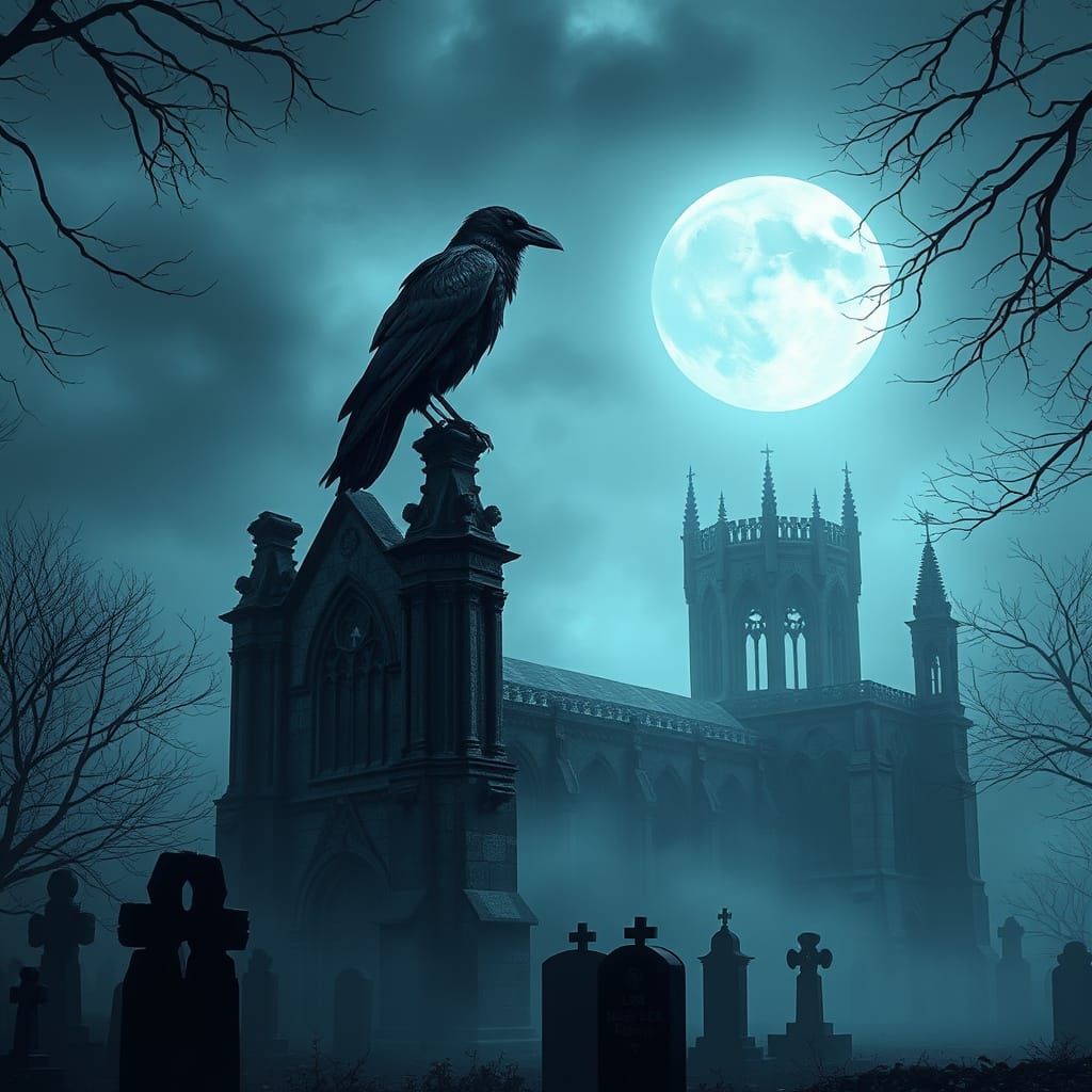 Mysterious Gothic Raven Soars Above a Haunting Cem... - AI Art