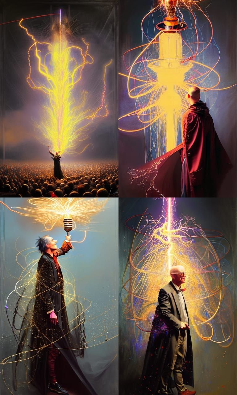 Eccentric flamboyant, odd mage, billowing cloak, casting electic ...