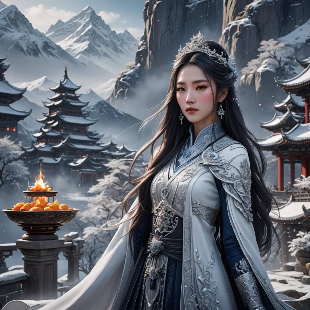 Princess Xianxia in light whithe and midnight silver. Snowy mountains ...
