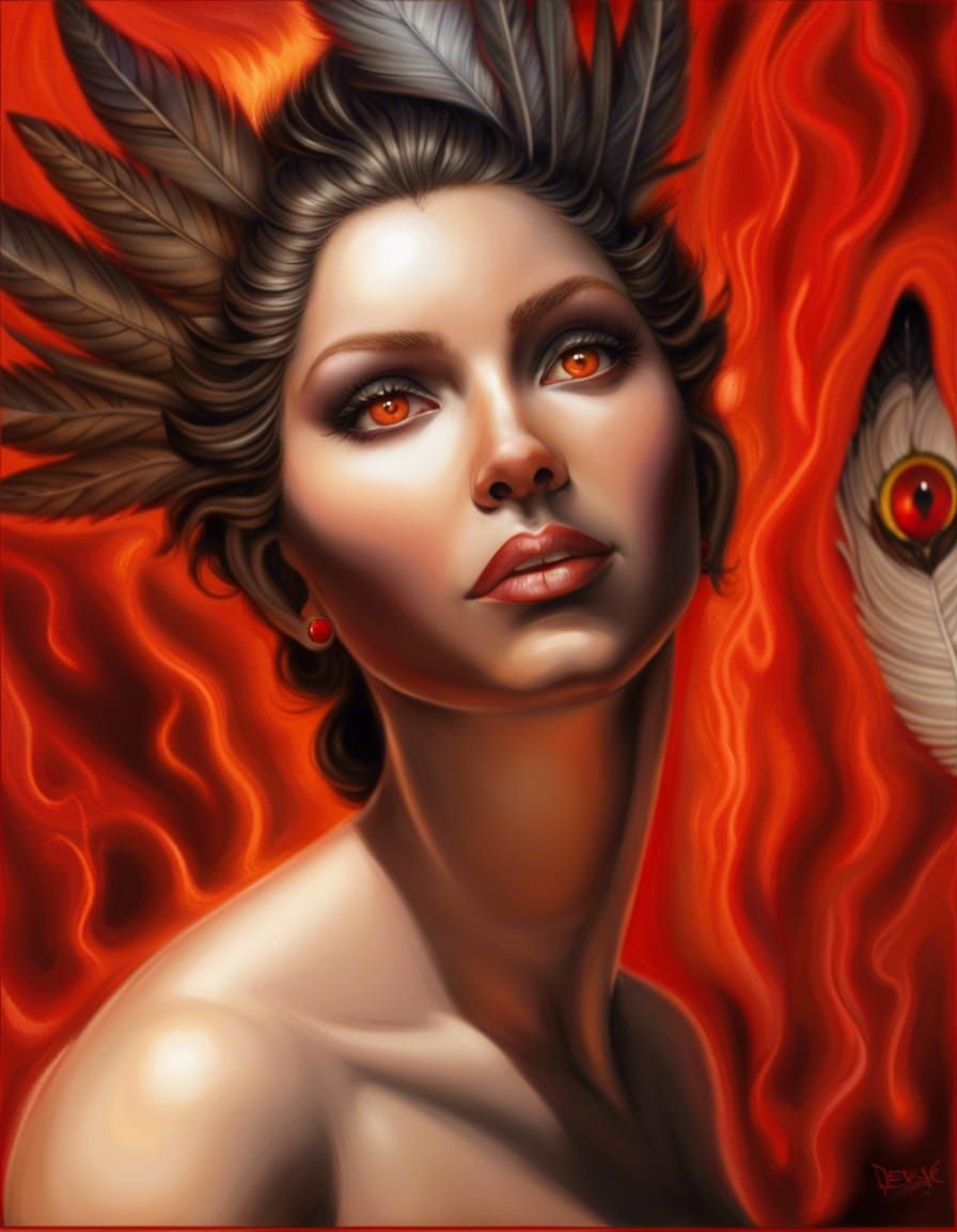 photorealistic, deva, fire goddess, feather, red eyes, detailed ...