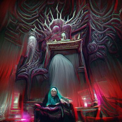 An old unsettling eldritch Queen in her dim ancient throne room trending on Artstation - AI ...