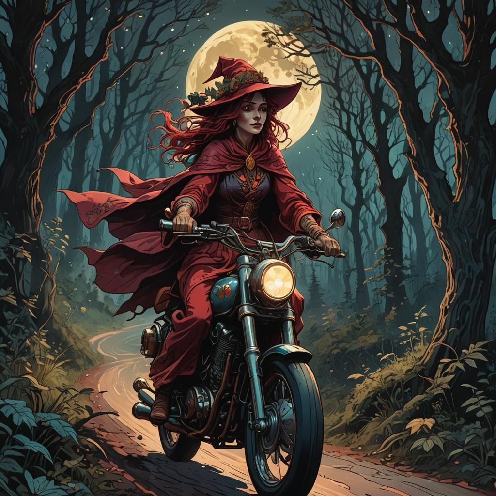 Witch riding a motorbike - AI Generated Artwork - NightCafe Creator