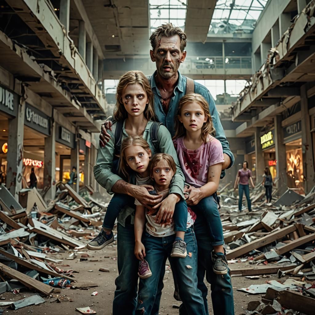 Zombie family, with zombie dad holding zombie son and daughter, at ...