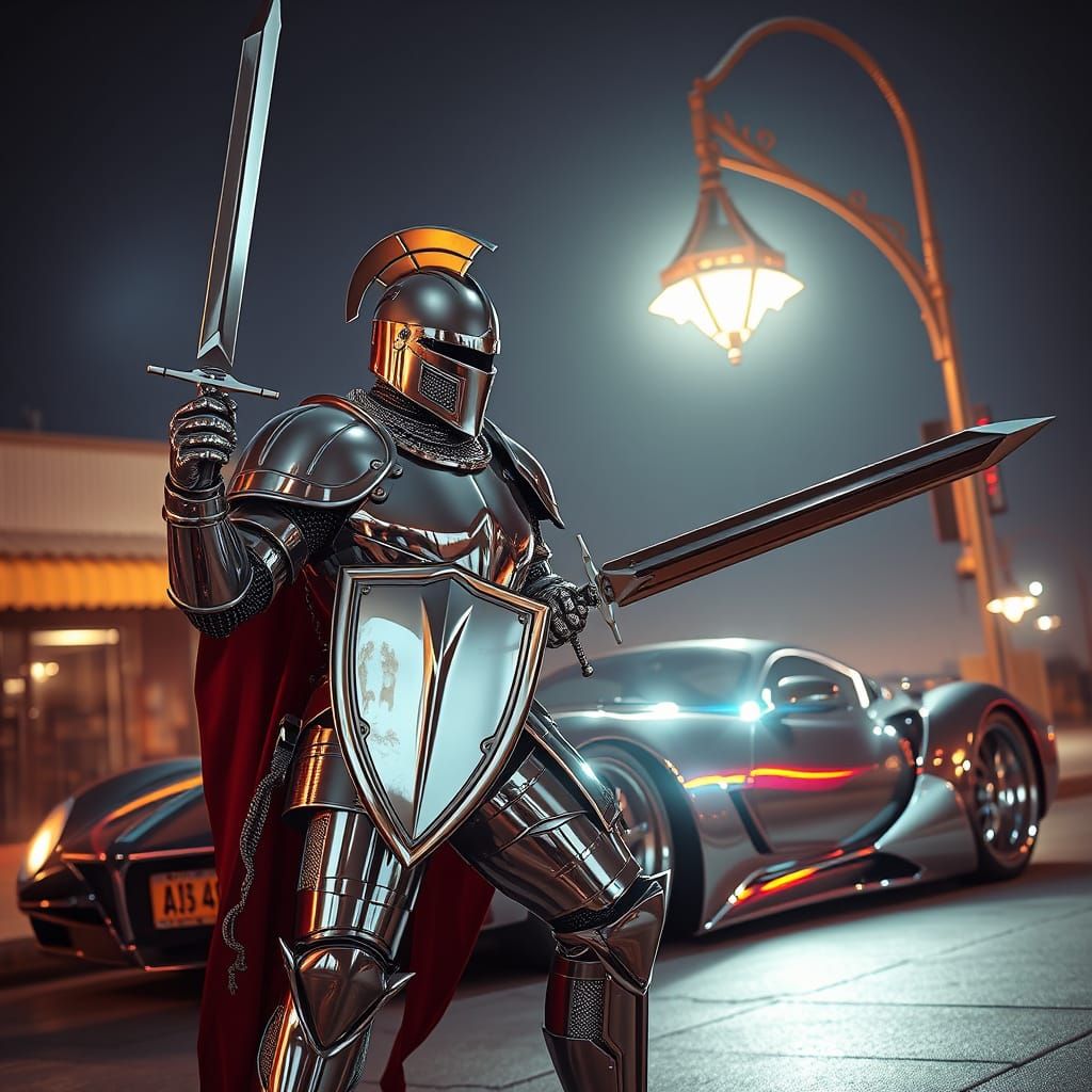 So. Much. Chrome. - Knight in Futuristic Chrome Armor Stands...
