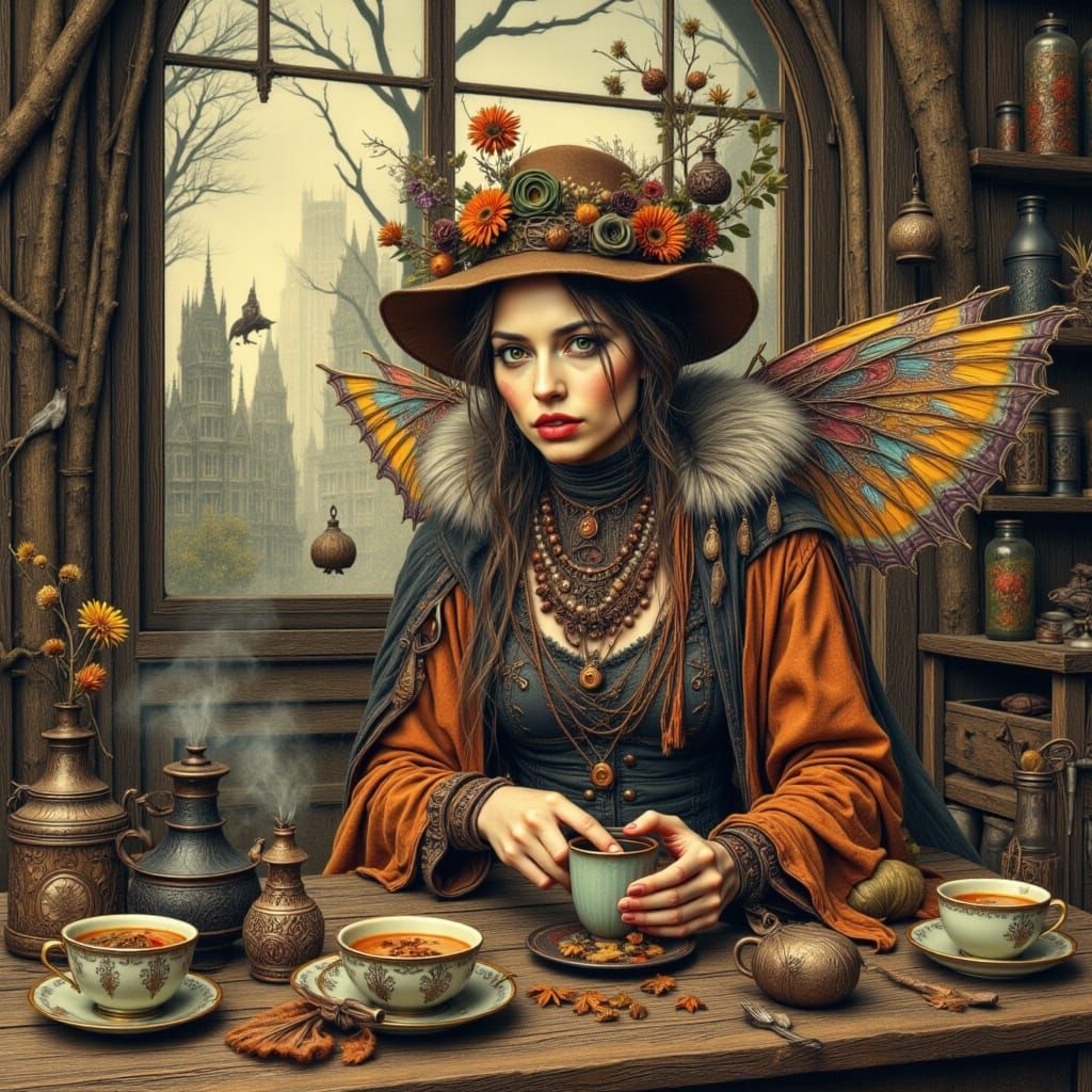 Local fairy queen spotted in post-apocalyptic Hogwarts tearoom.