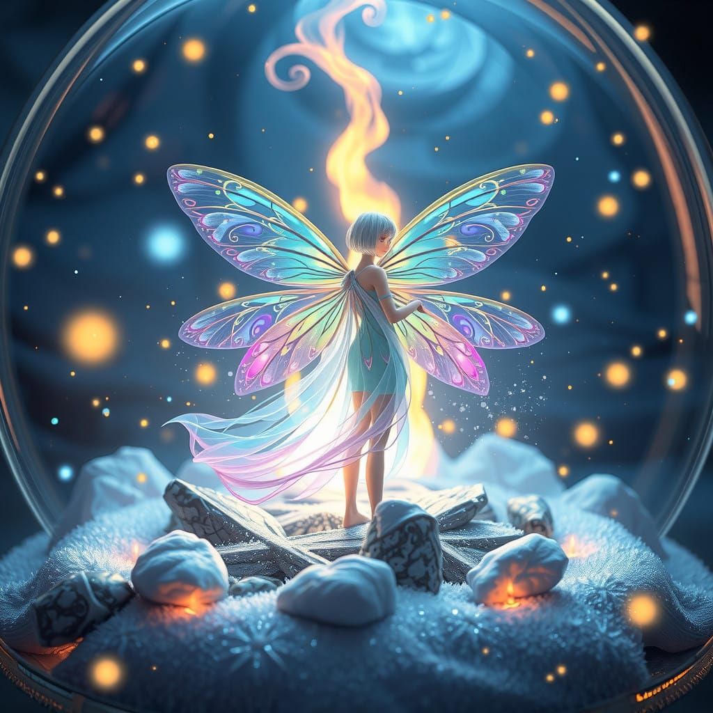 Mystical Firefly in Iridescent Snowglobe Scene - AI Art