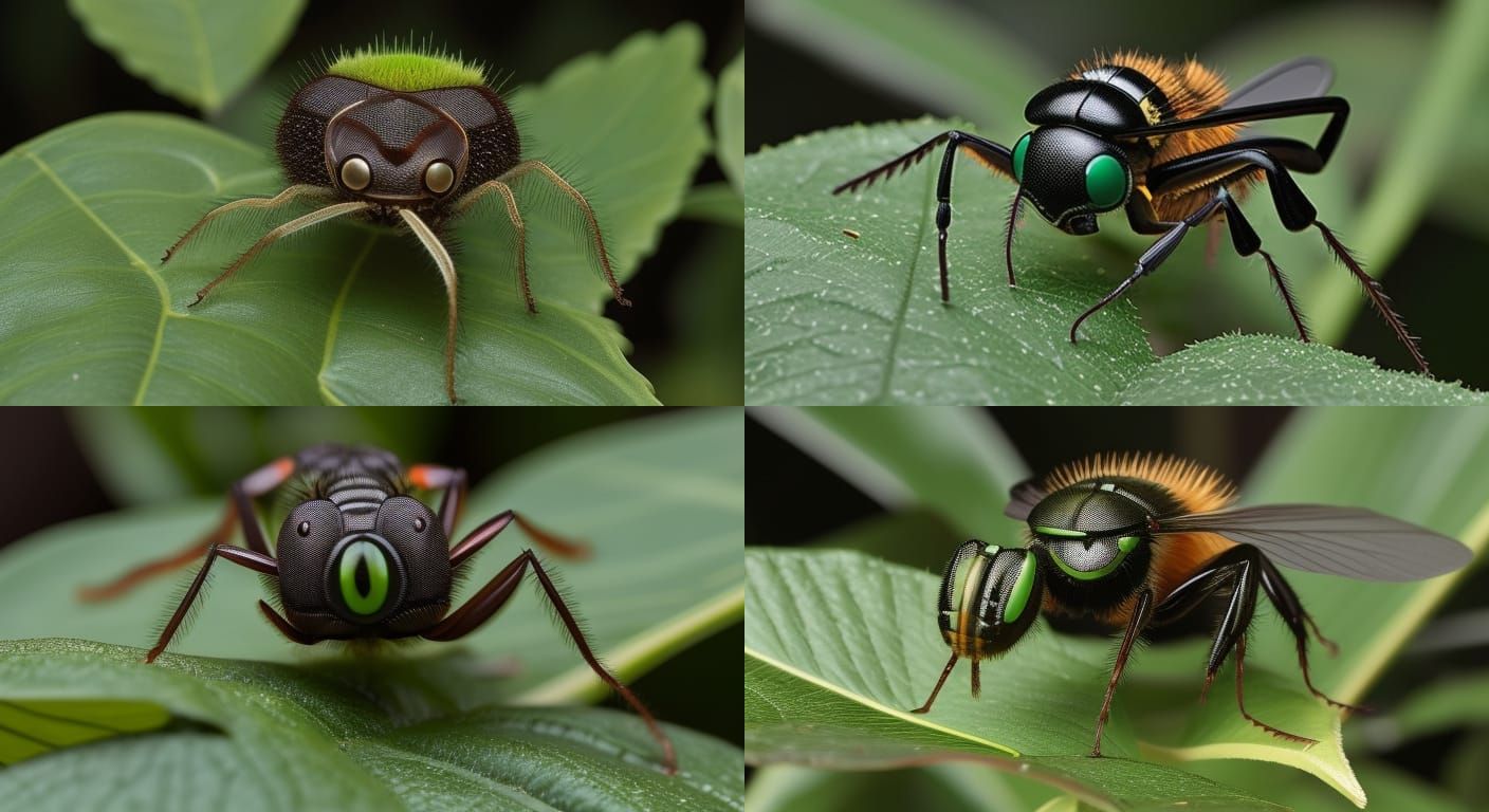 A strange surreal alien insectoid creature sits on a lush alien plant ...