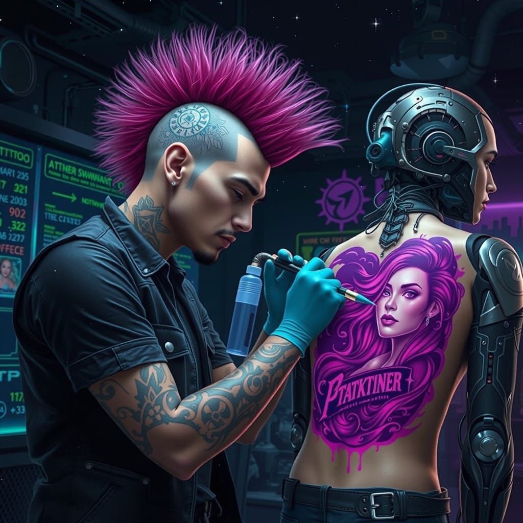 Cyberpunk Tattoo Artist in Neon Mohawk with Cyborg... - AI Art