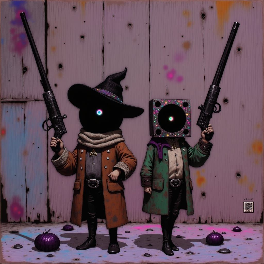 Gritty Wild West Outlaws Pose with Firearms and Sp... - AI Art