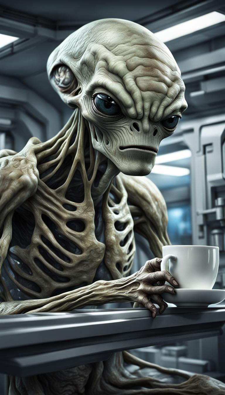 Grumpy tired-looking alien with coffee - AI Generated Artwork ...