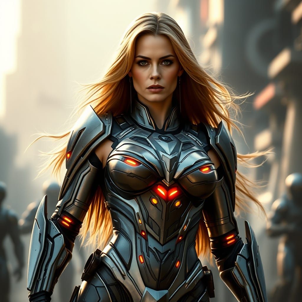 Julia Roberts as a powerful and confident female warrior wearing a high-tech Wonder Woman ...