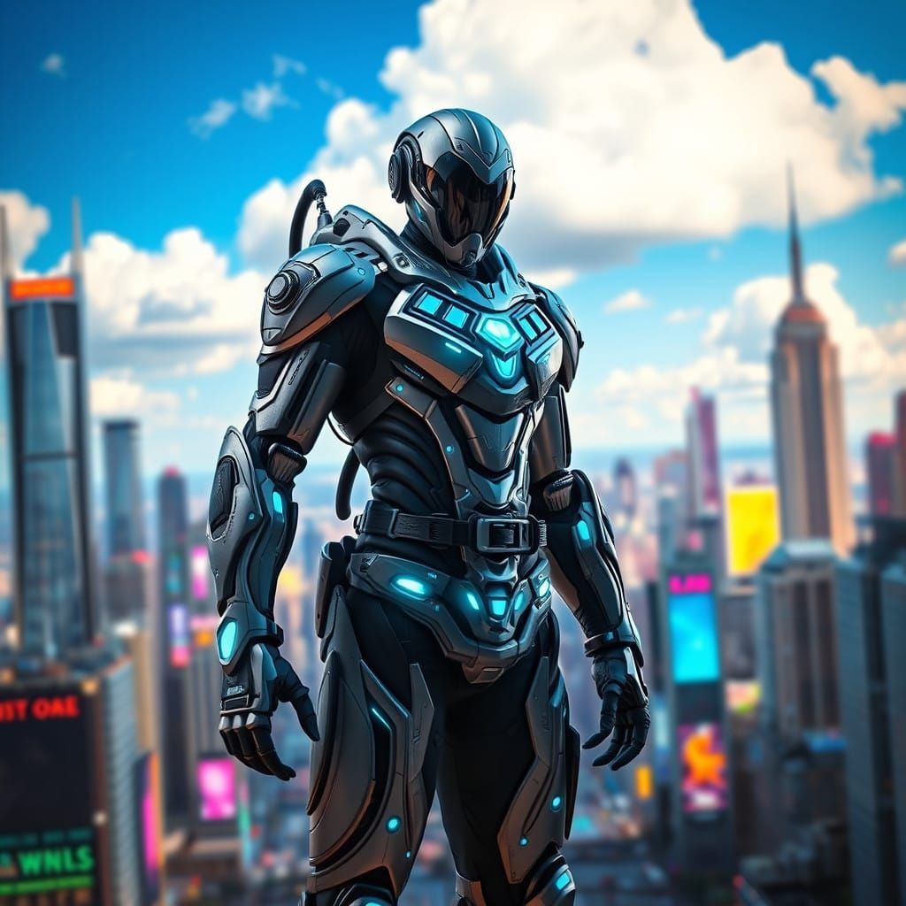 Bio Mech Hero Soars Over a Futuristic Cityscape in... - AI Art