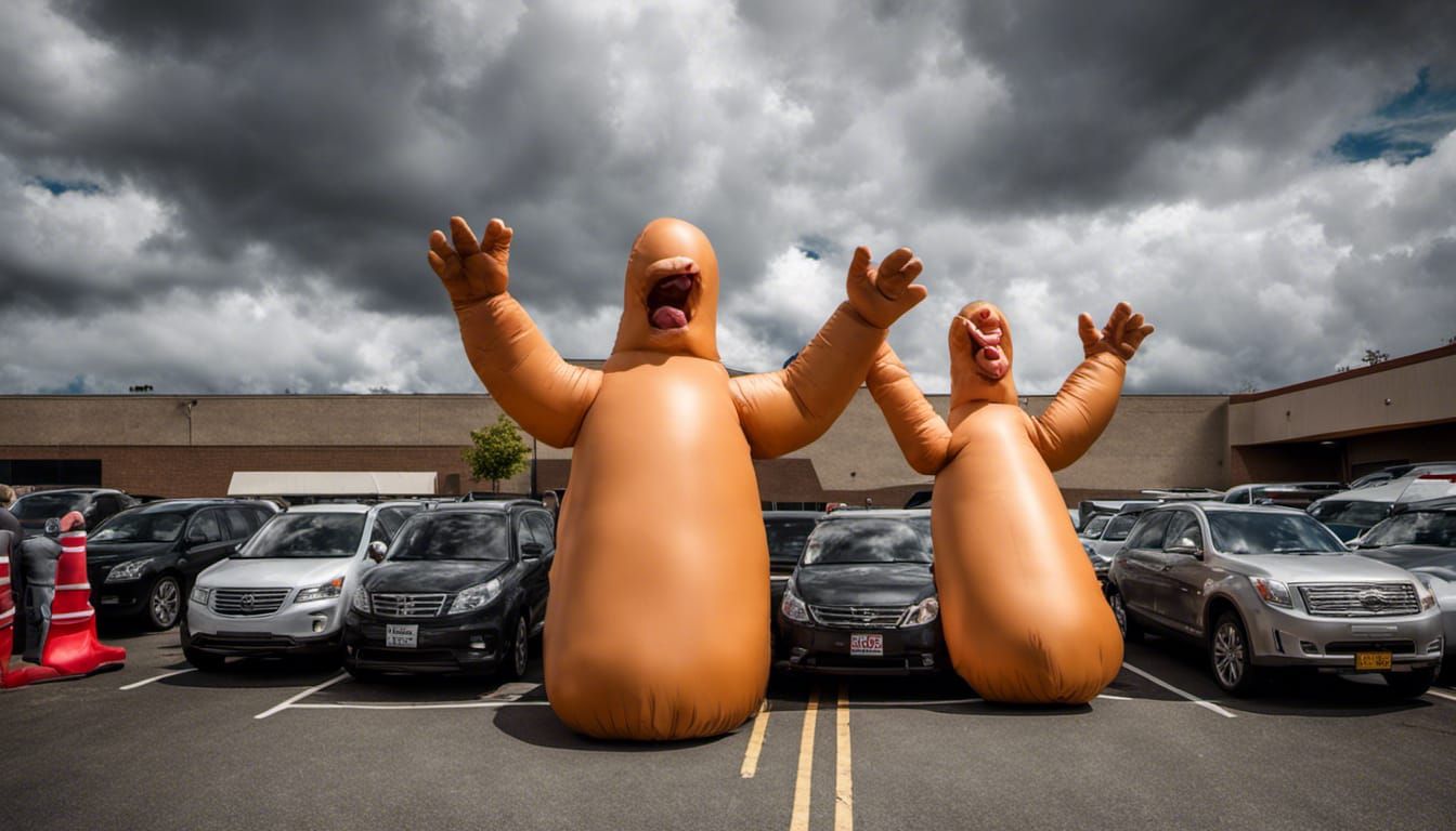 inflatable wiggly men in the used car parking lot - AI Generated ...