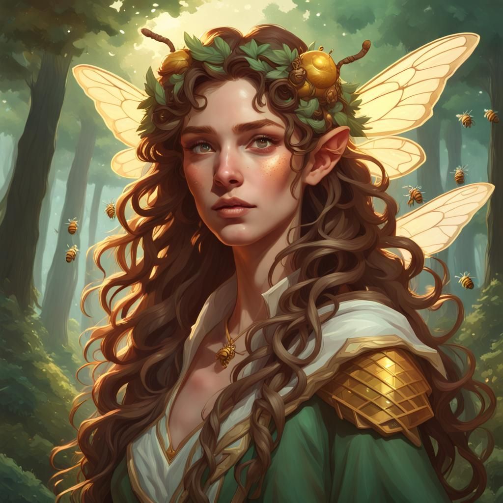 dnd elf druid with long brown curls in the forest sorrounded by bees ...