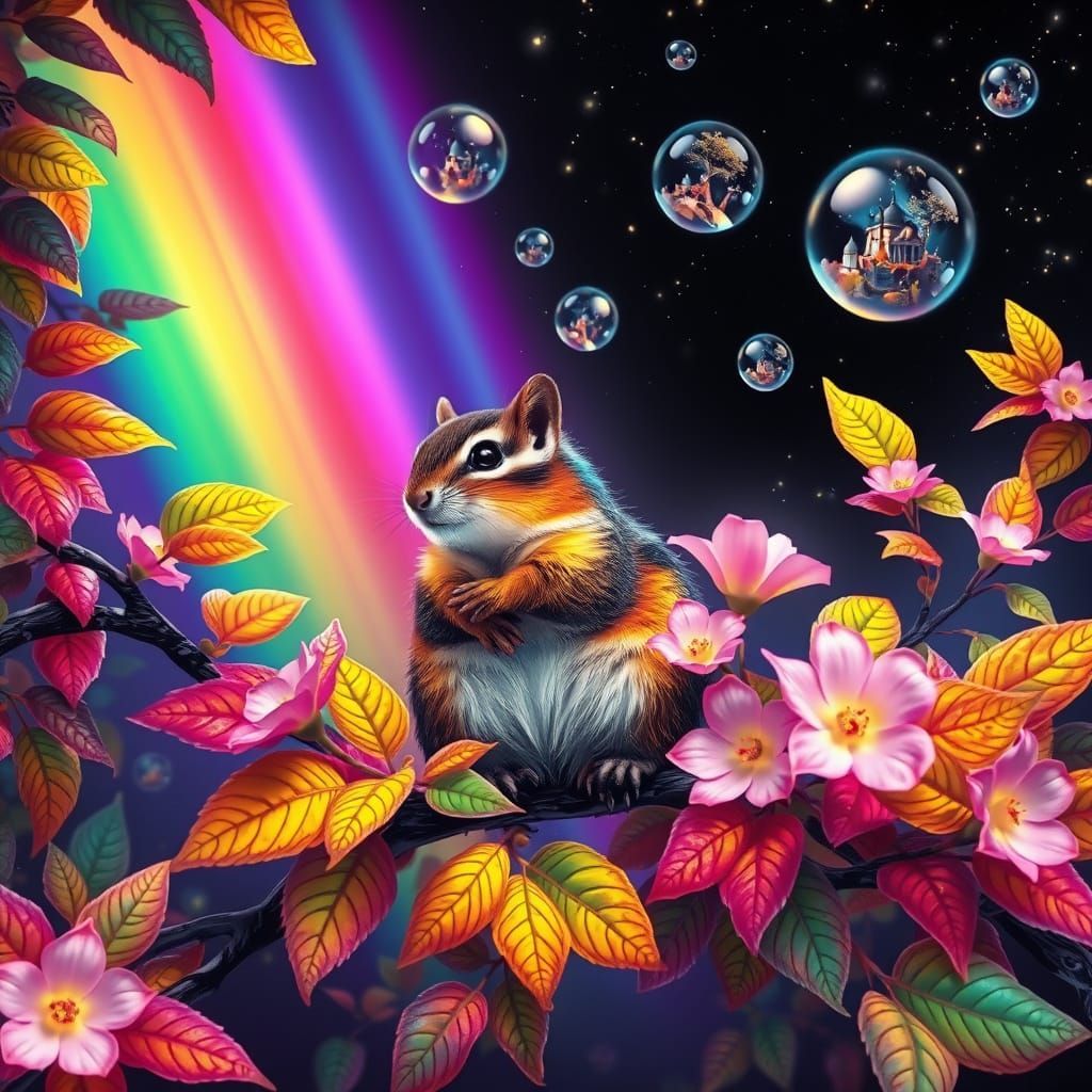 Vibrant Rainbow Chipmunk in a Glowing Tree Oasis - AI Art