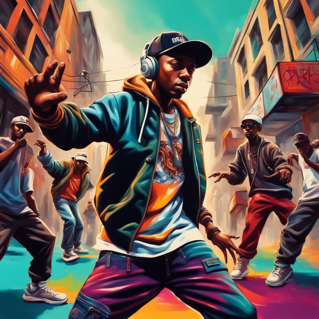 Hip-hop dance culture, retro street art, boom box, street dancers in ...