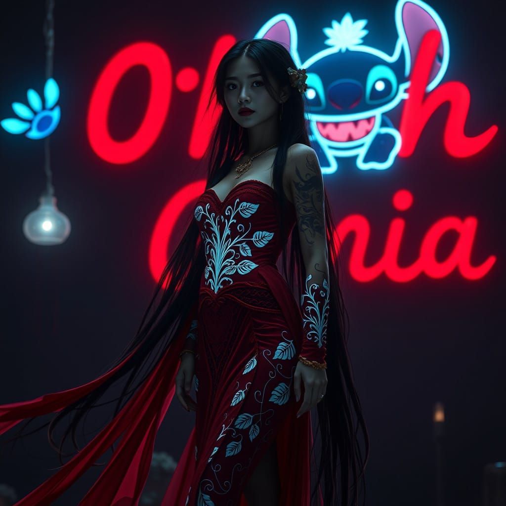 Goth Lilo in Mystical Red Dress, Illuminated by Bi... - AI Art
