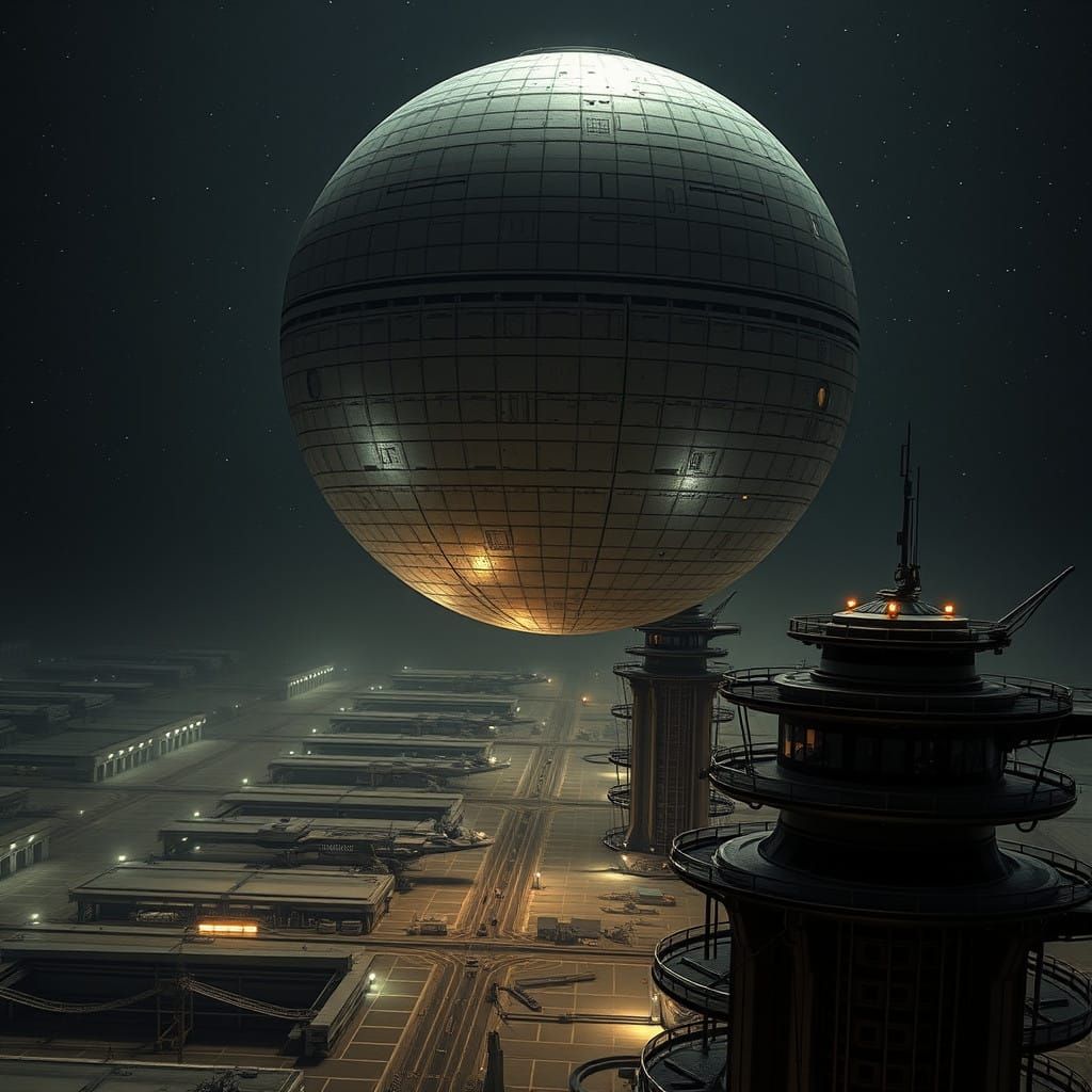 Spherical Spaceship Soars Above Futuristic Space P... - AI Art