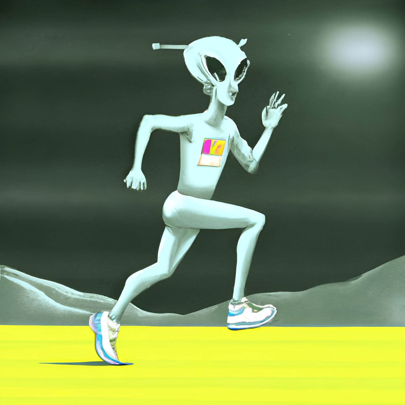 Grey alien running in a marathon complementary colors retrofuturism ...