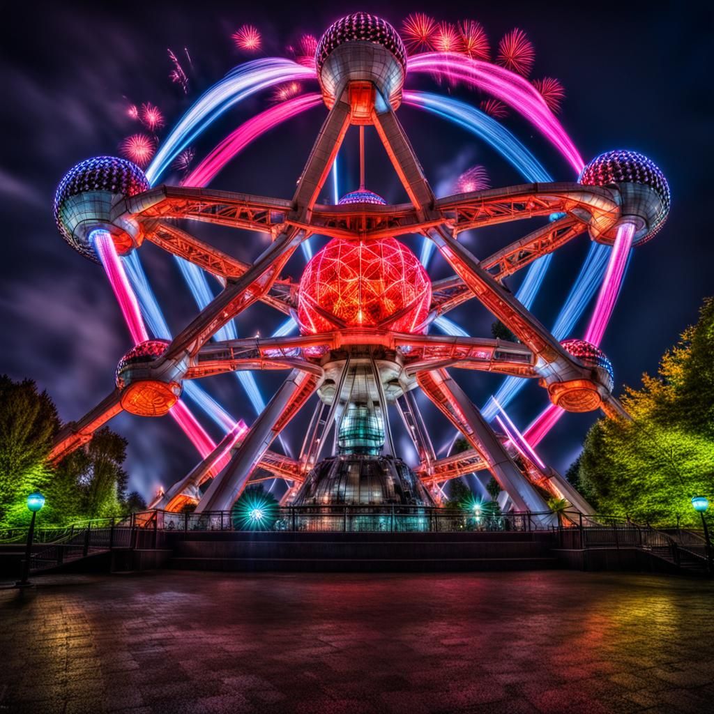The atomium in Brussels with fireworks of pouring colors : r/nightcafe