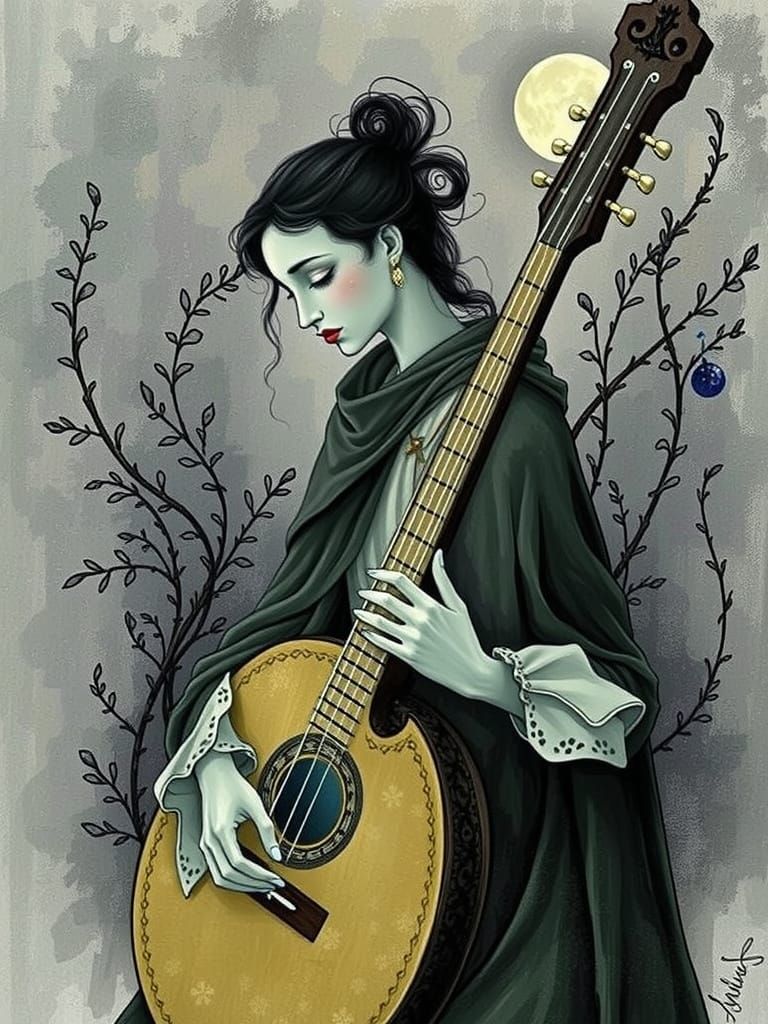 a monochromatics picture of musician of lute green and grey colours, by ...