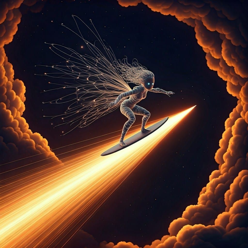 Worm's eye view of a kawaii Cyberpunk fairy surfer made from intricate ...