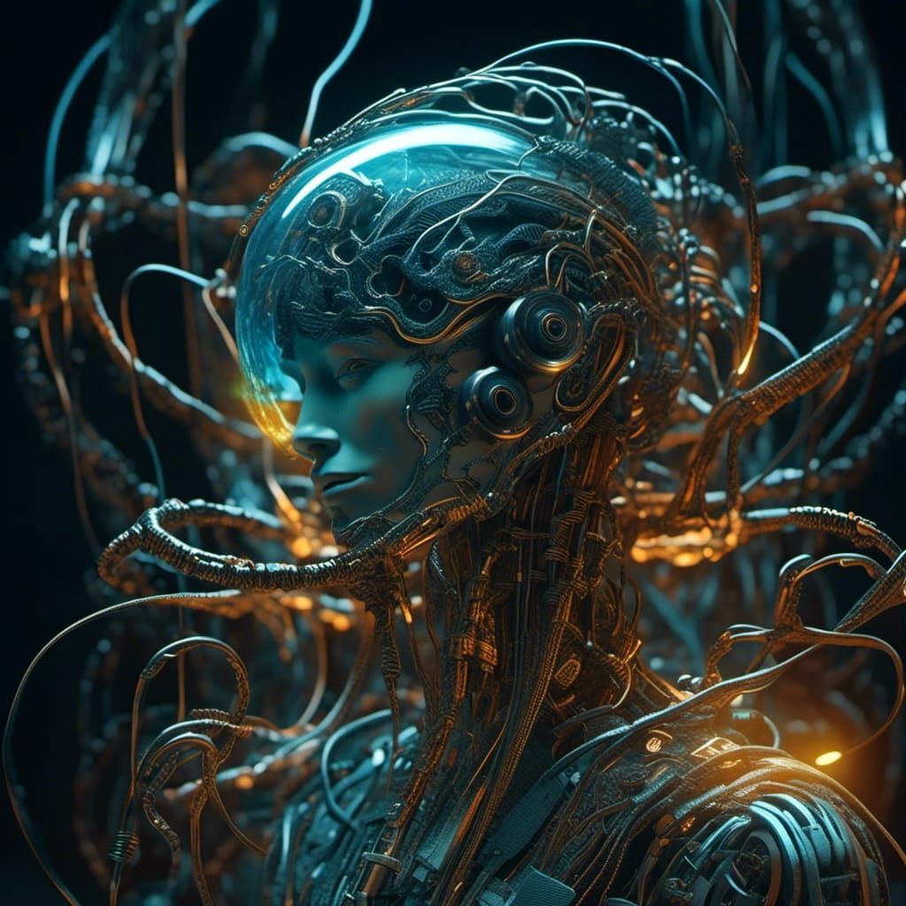 A bioluminescent human essence rises ethereally from a lifeless android ...