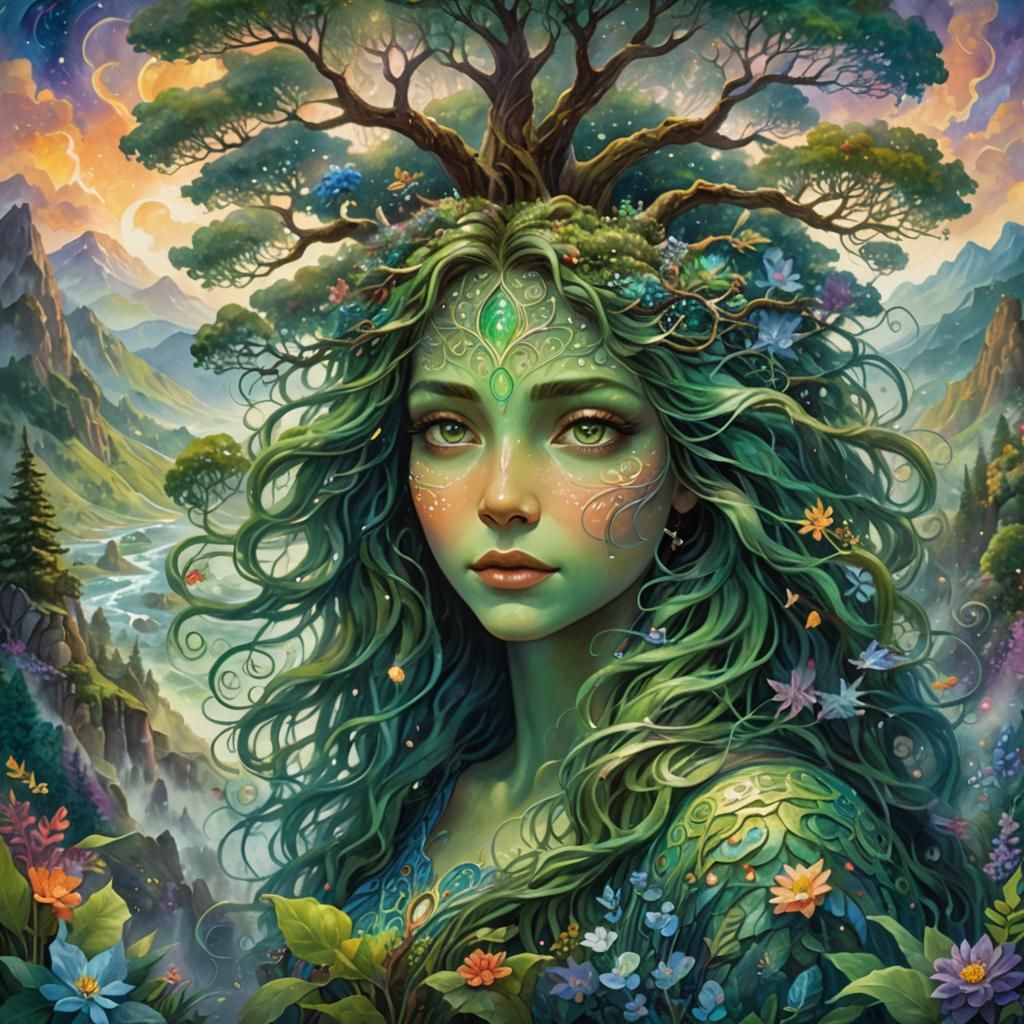Gaia embraces nature, hair as a tree, belky of a green valley, eyes of ...