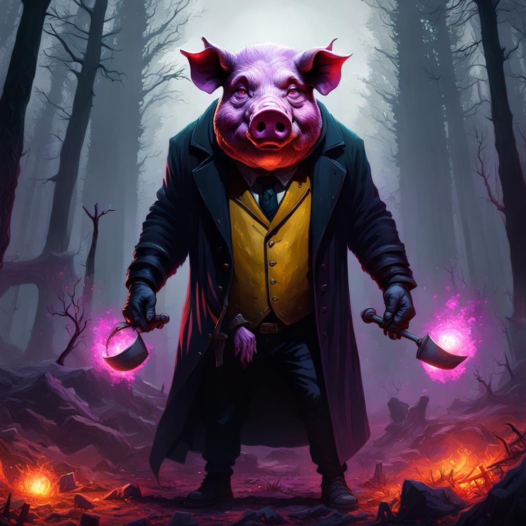 scary pig dressed in a black coat digging a grave in a deserted forest ...