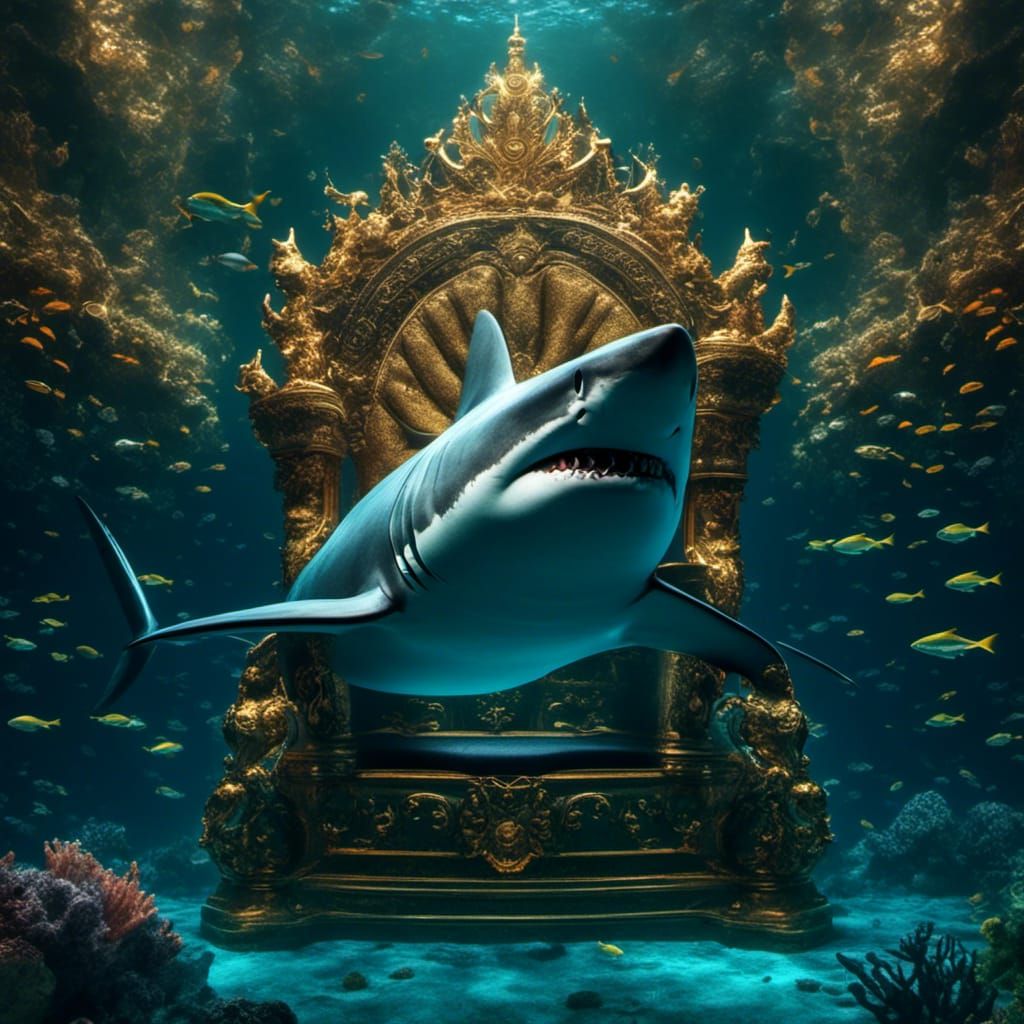 majestic shark seated on a king's throne with a crown, commanding the ...